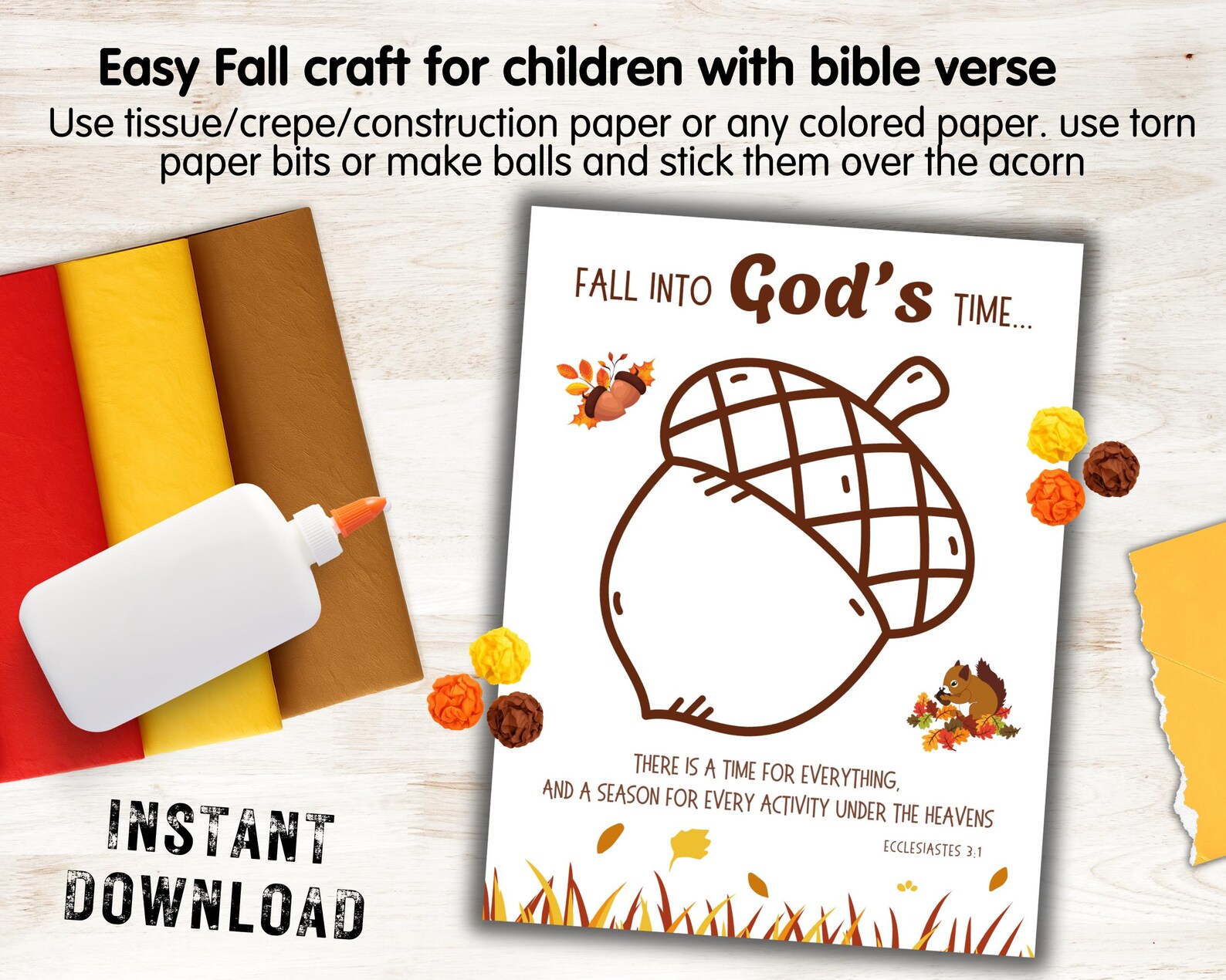 Fall Tissue Paper Craft, Acorn Torn Paper Template, Sunday School Bible ...