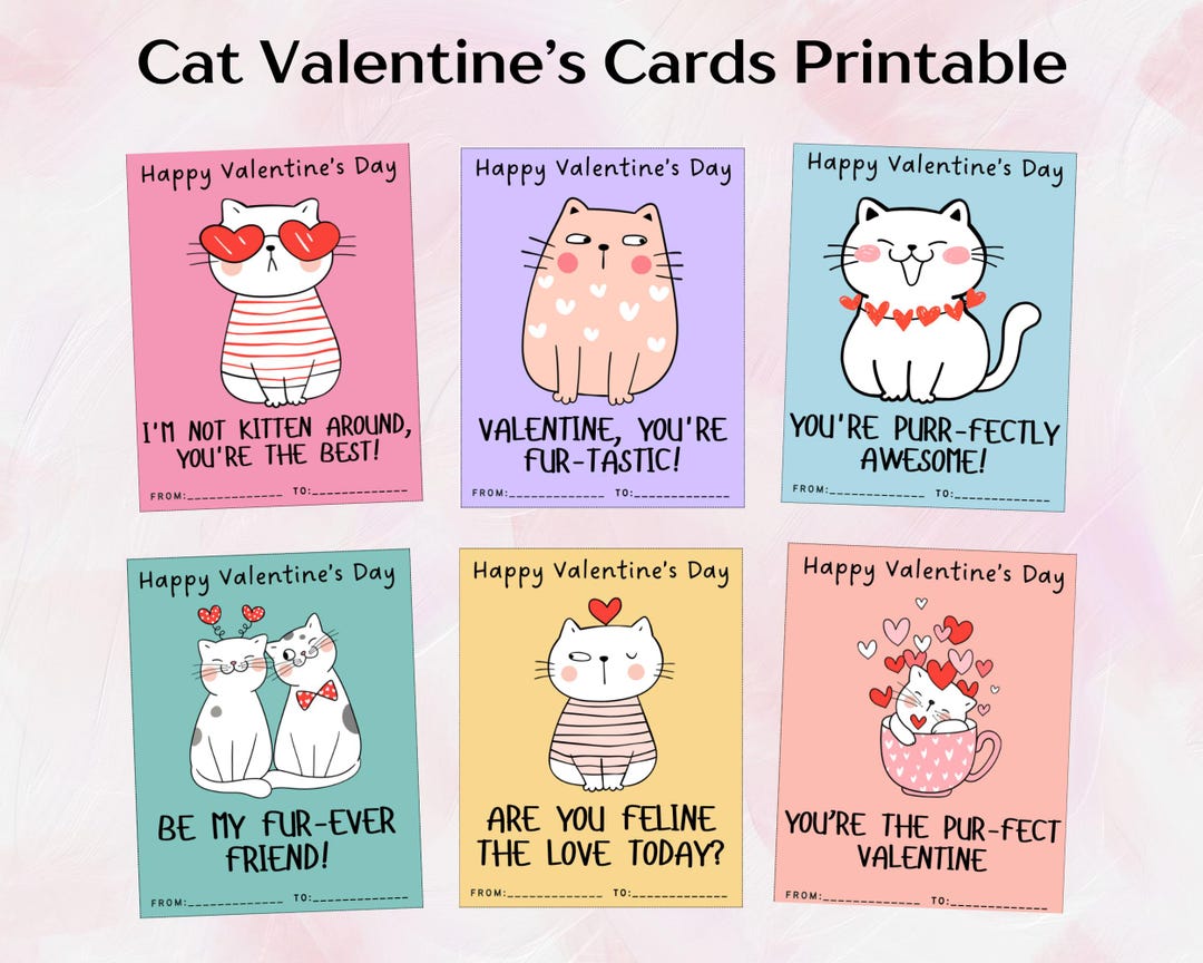 Valentines Day Cat Cards, Happy Valentines Classroom Cards, Kids ...