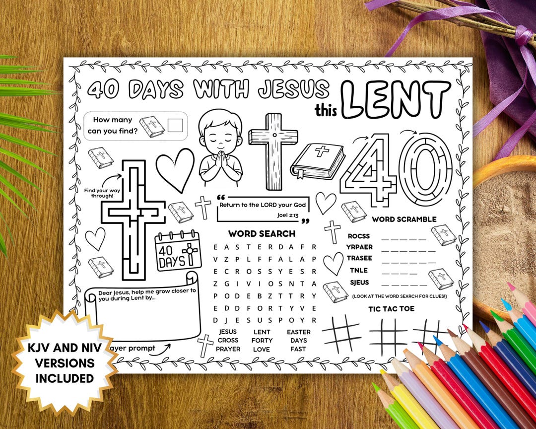 Lent 40 Days Activity Placemat, Easter Bible Worksheet Printable Games ...