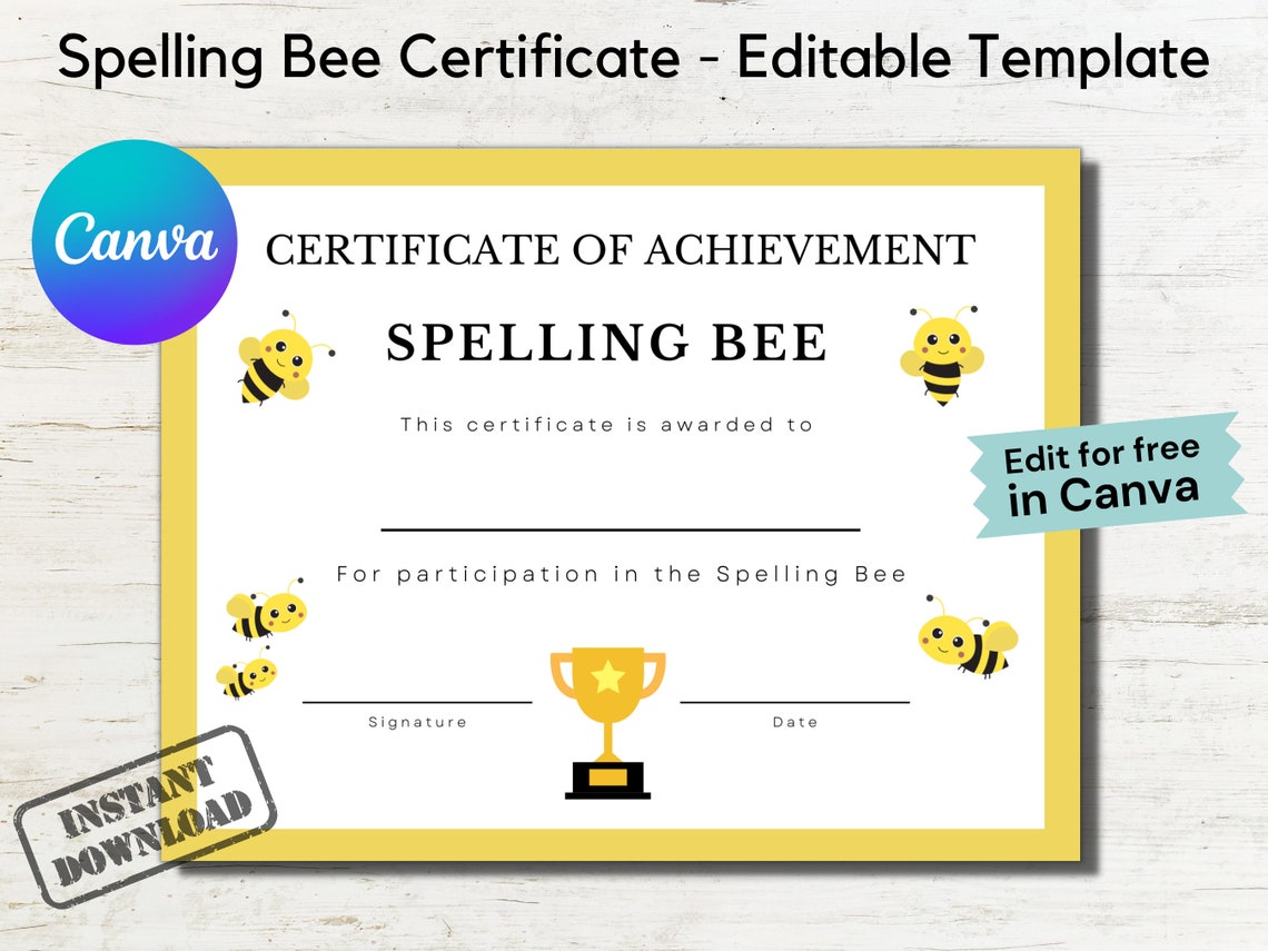 Editable Spelling Bee Certificate, Spelling Bee Certificate, Spelling ...