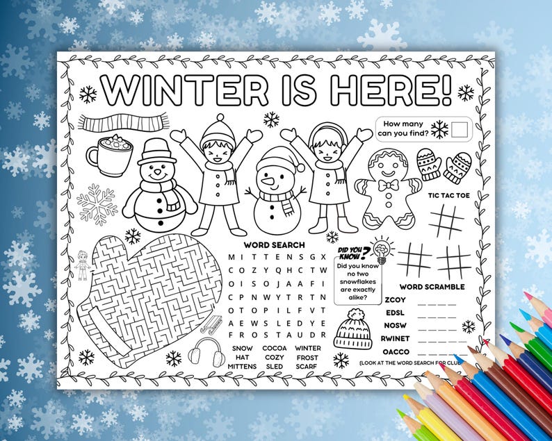 Winter Activity Placemat Printable, Kids Coloring Page, Classroom Games ...