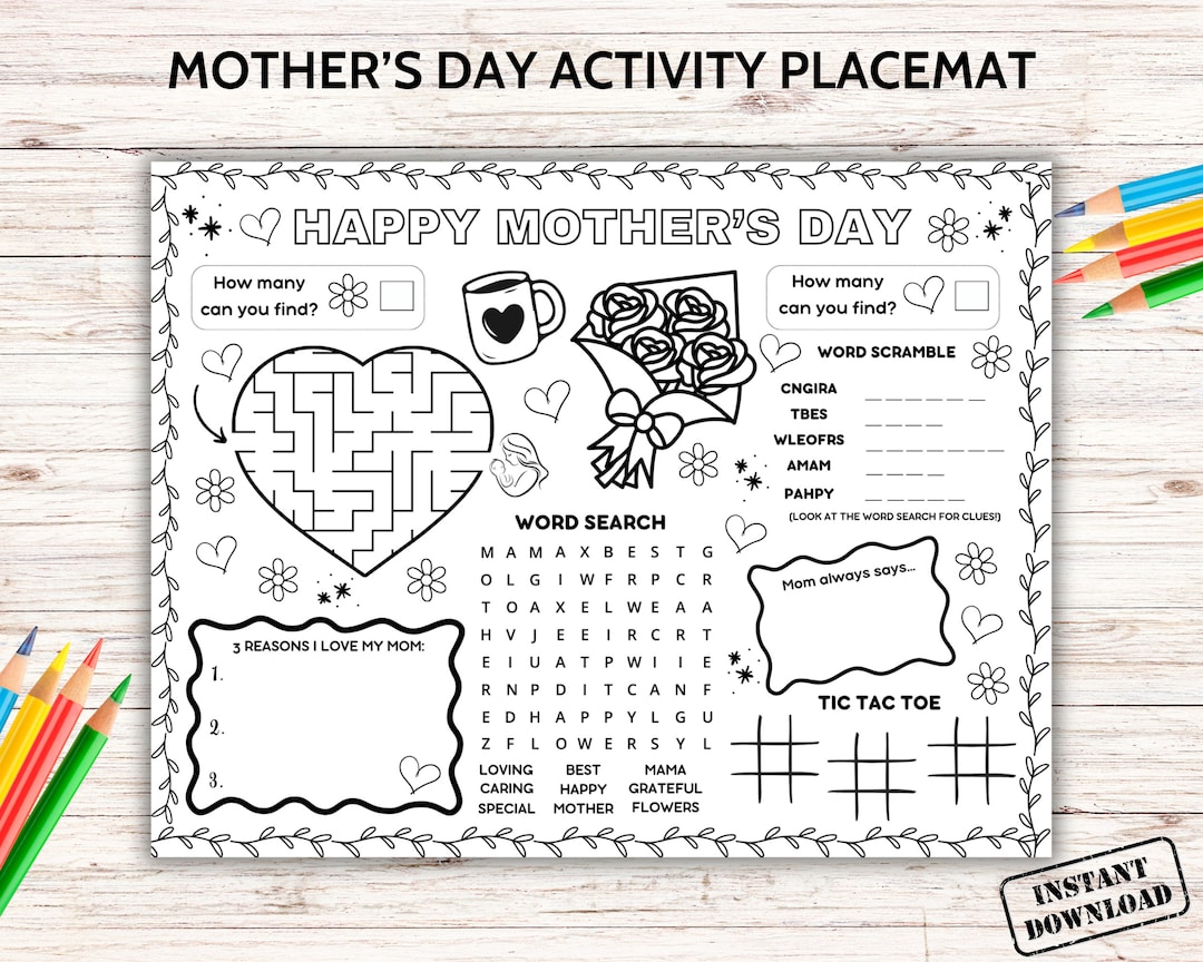 Happy Mothers Day Activity Placemat Printable, Mothers Day Craft ...