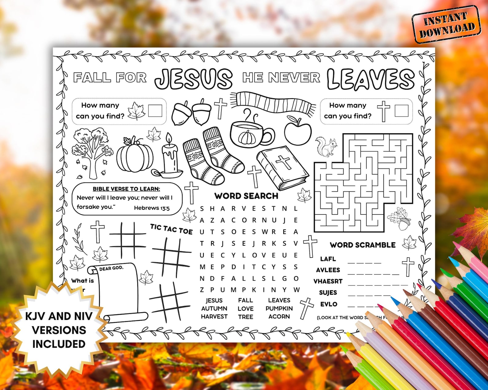 Fall Bible Activity Placemat, Fall for Jesus He Never Leaves Sunday ...