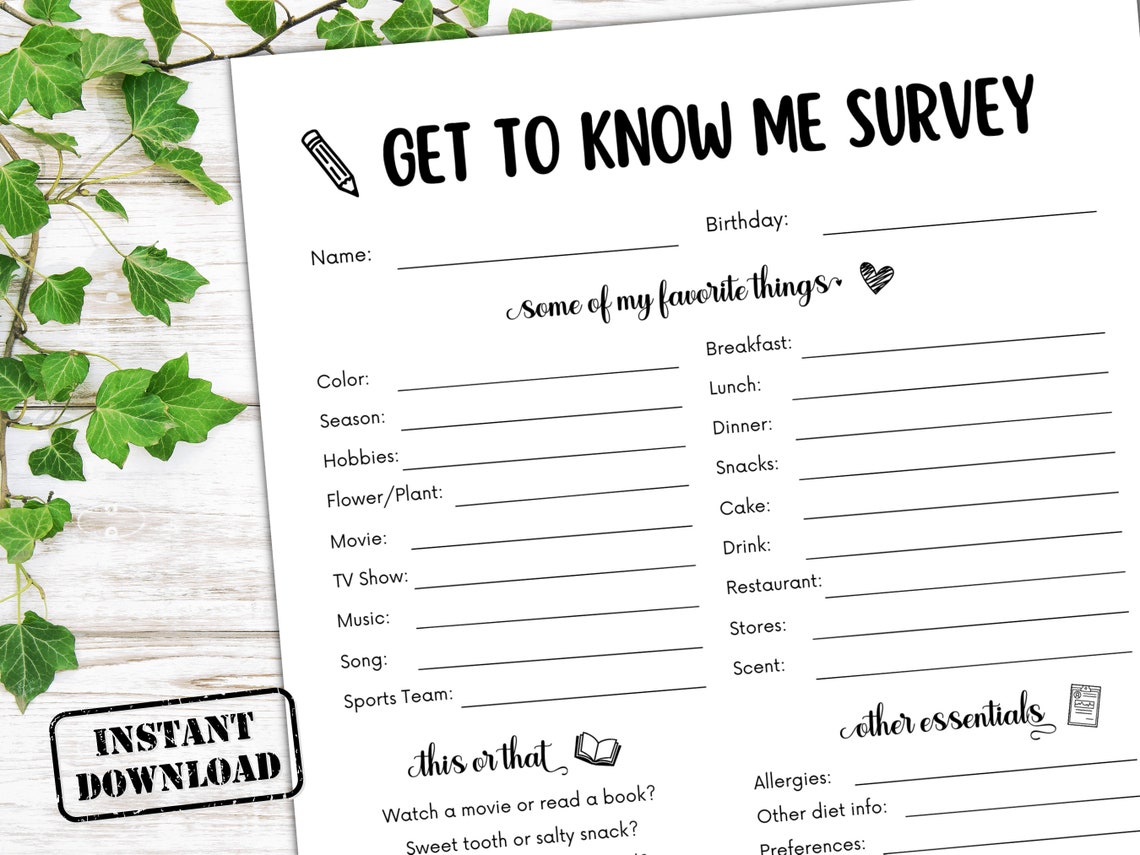 Employee Favorite Things Survey, Get to Know Me Questions, All About Me ...