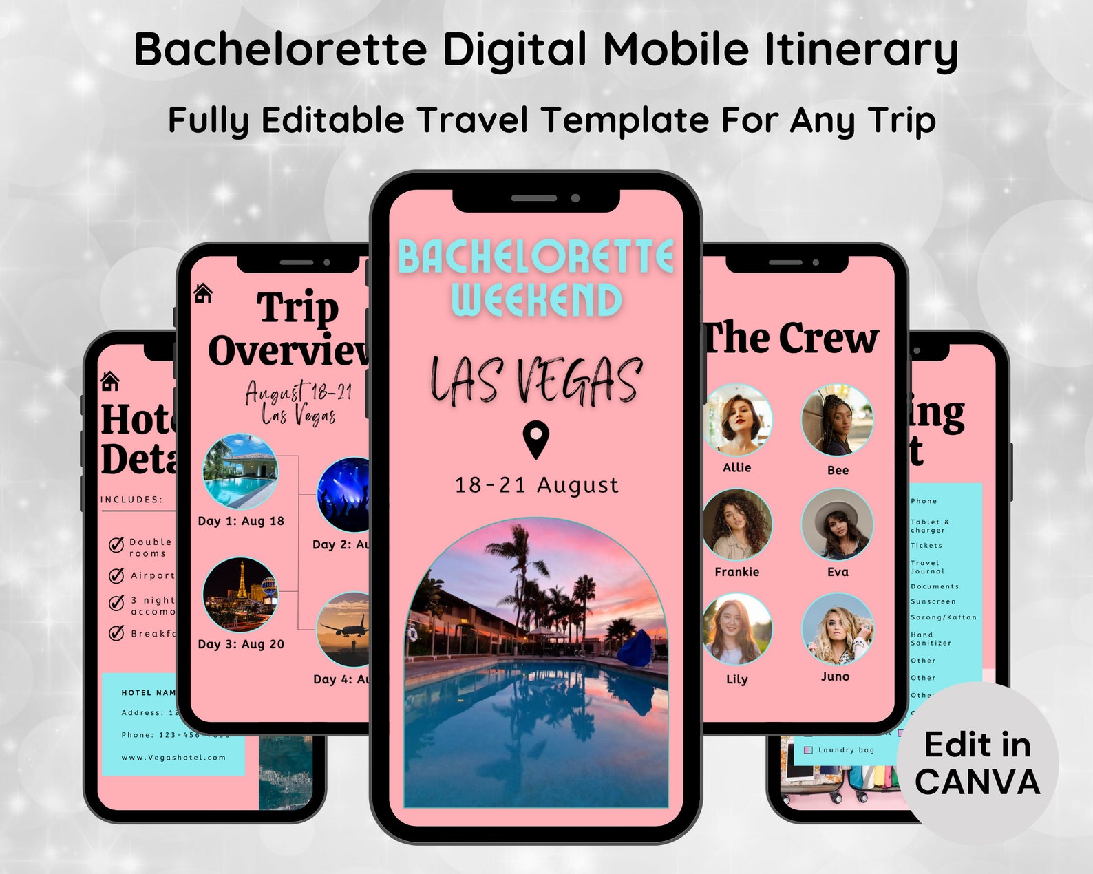 Bachelorette Weekend Mobile Travel Itinerary Template, Editable Digital ...
