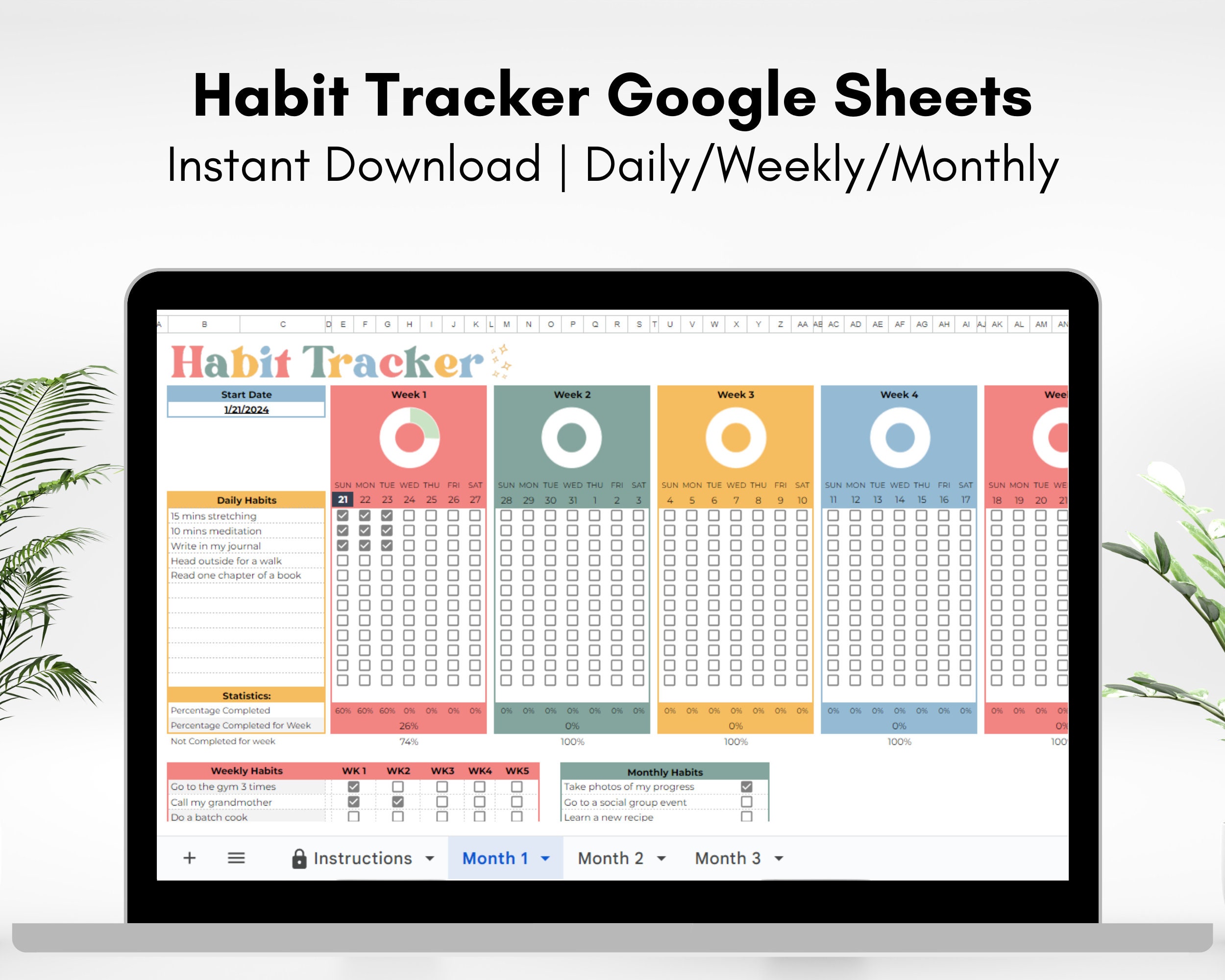 Habit Tracker Spreadsheet for Google Sheets, Daily Habit Goal Planner ...