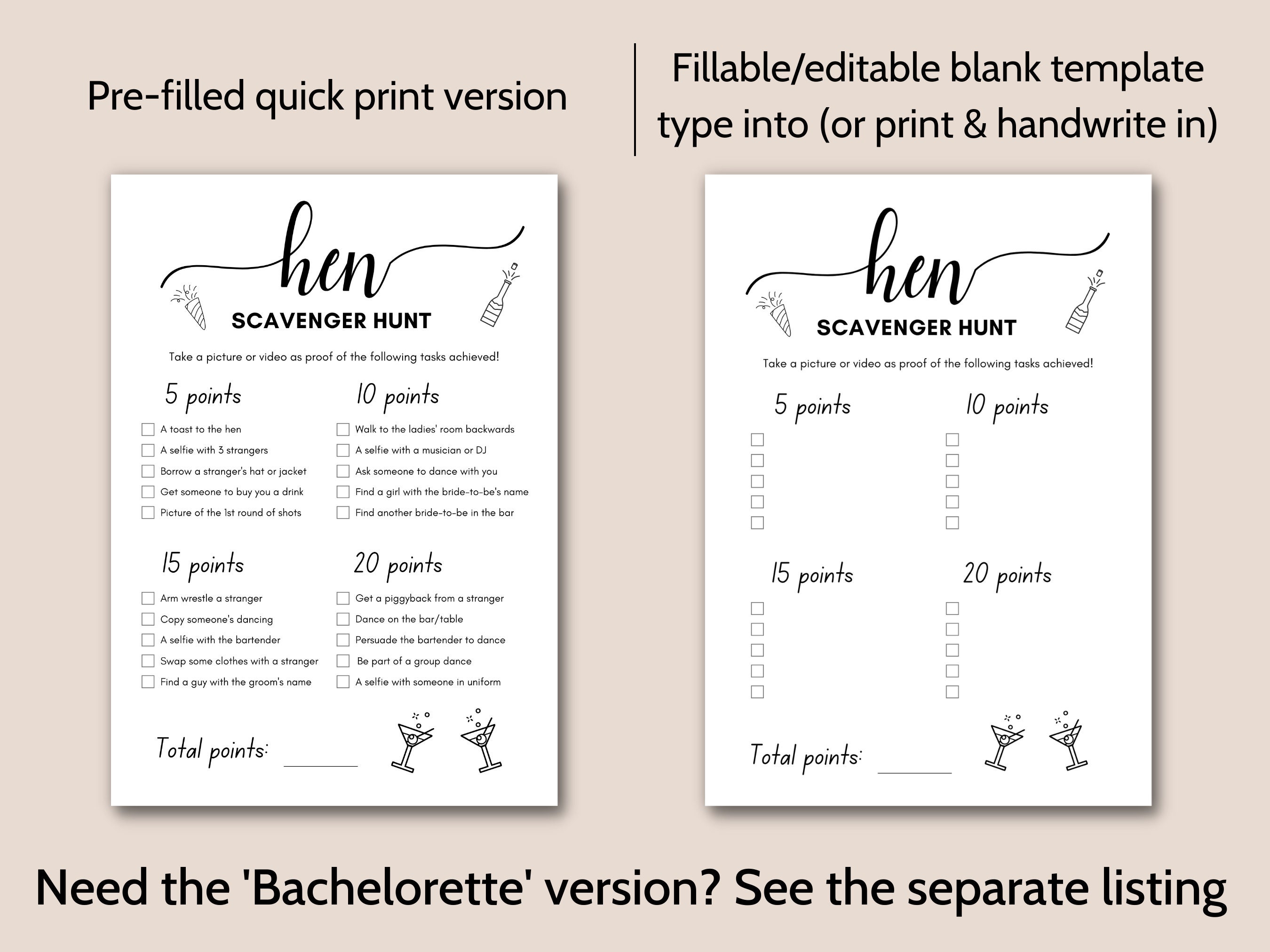Hen Scavenger Hunt, Hen Party Games, Bachelorette Girls Night Out Bar ...