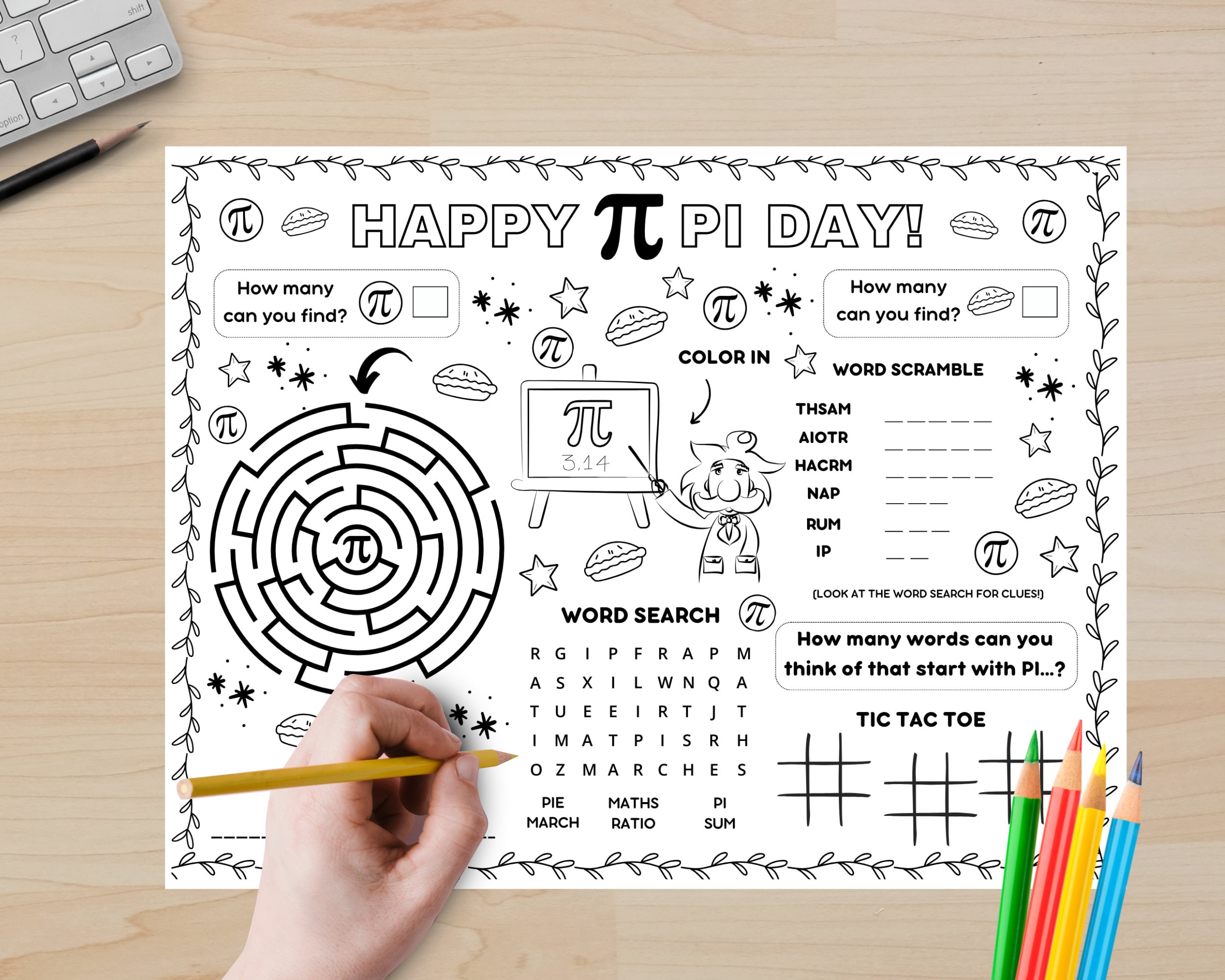 Pi Day Activity Placemat Printable, Pi Day Kids Craft Coloring Page ...