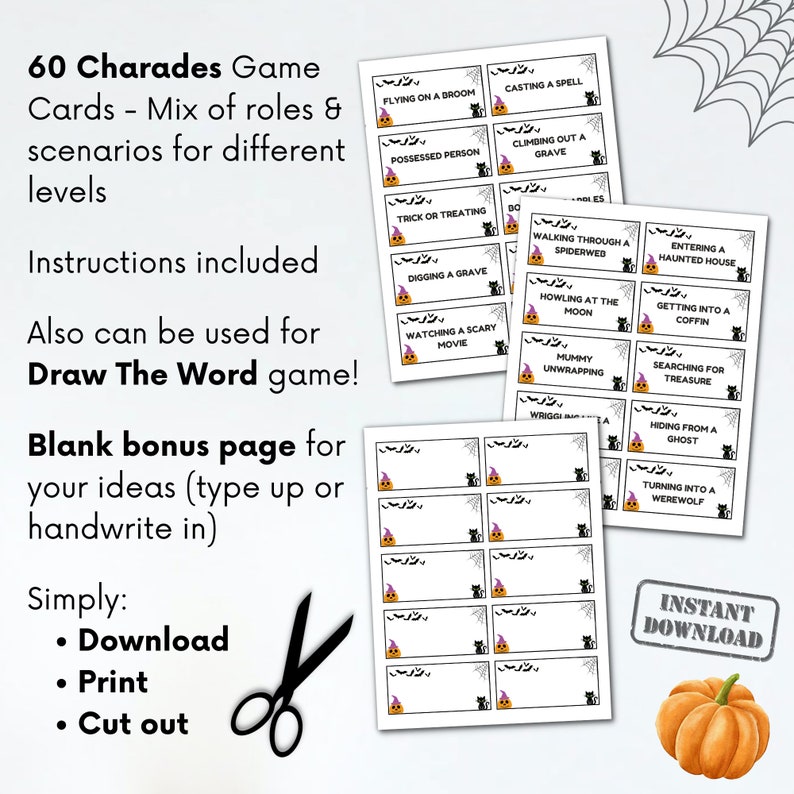 Halloween Charades Game, Halloween Party Game for Kids or Adult Teams ...