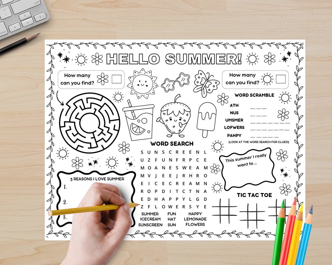 Summer Games Activity Placemat Printable, Summer Party Craft Coloring ...