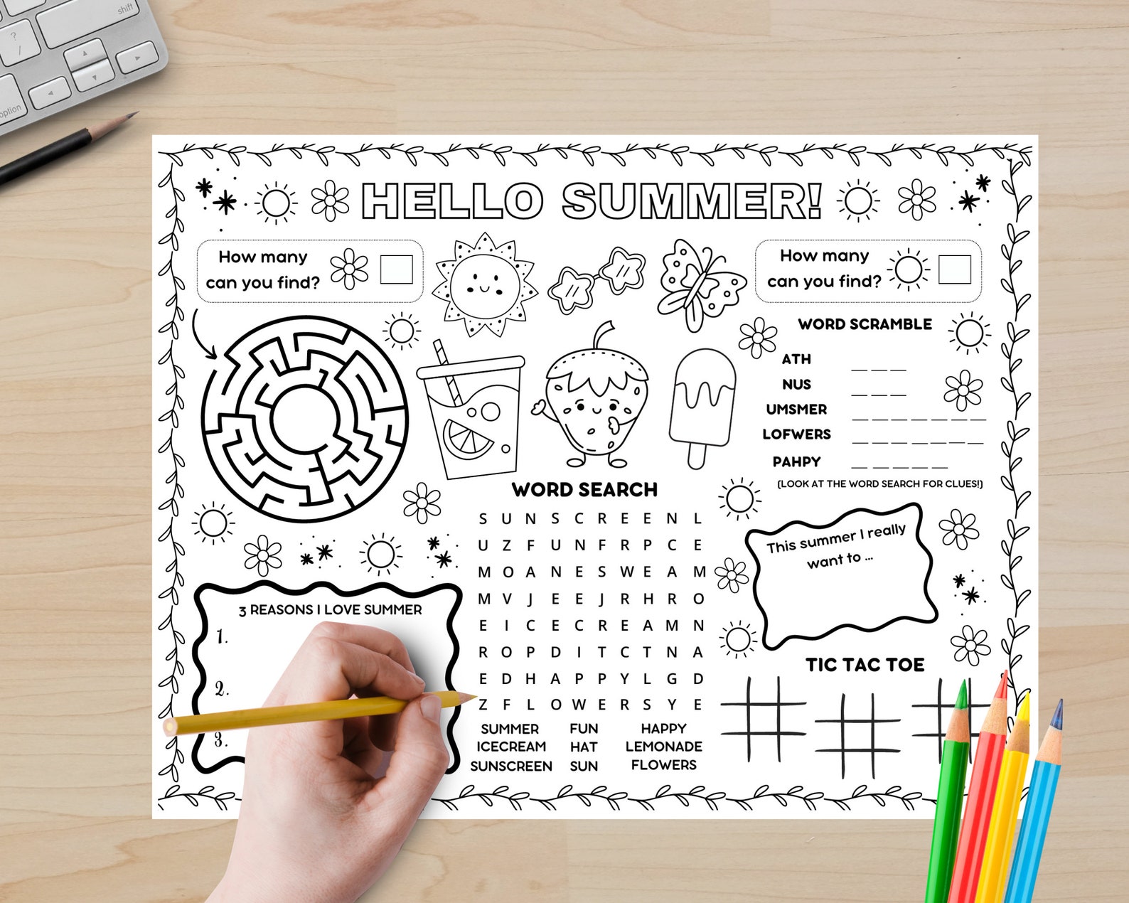 Summer Games Activity Placemat Printable, Summer Party Craft Coloring ...