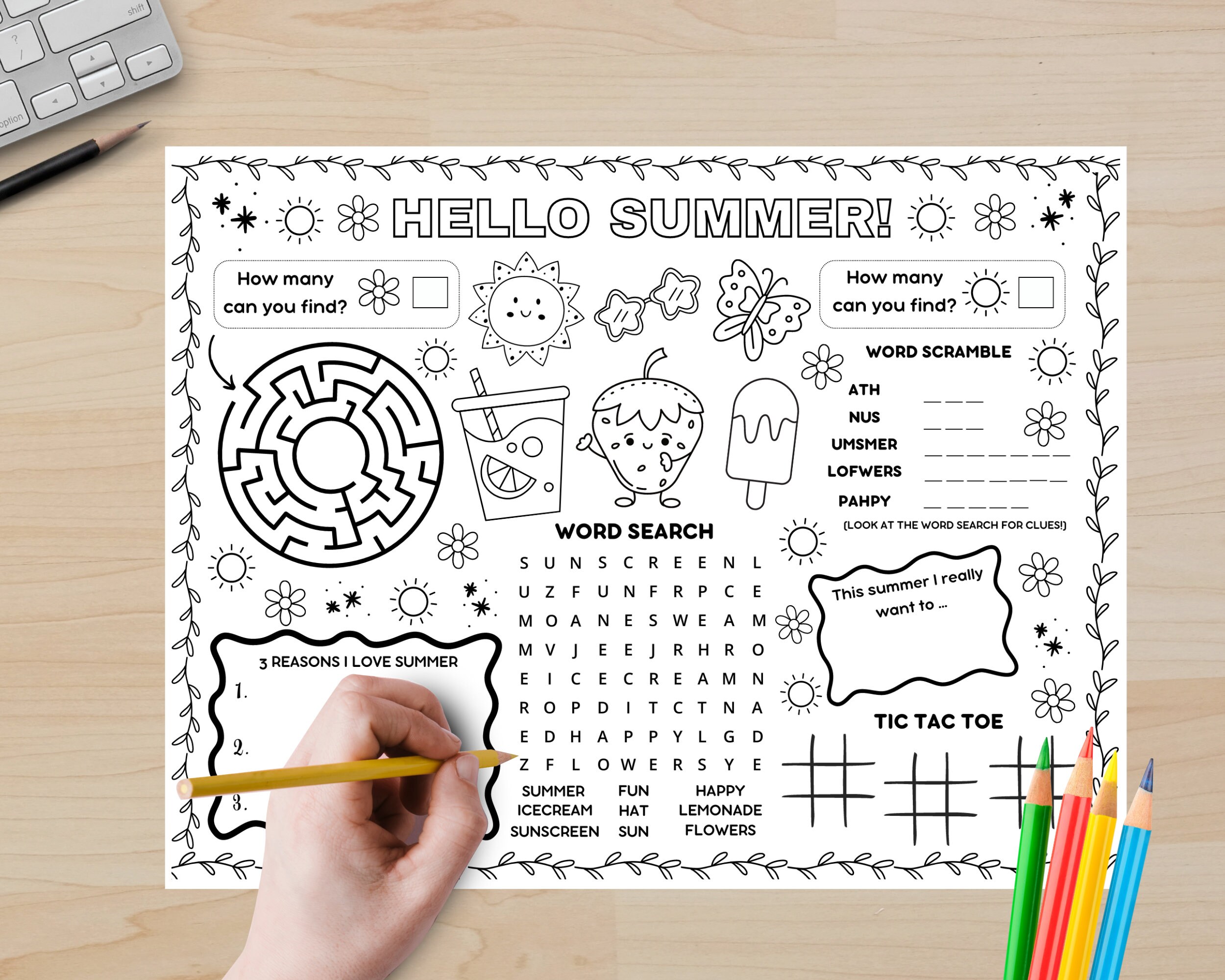 Summer Games Activity Placemat Printable, Summer Party Craft Coloring ...