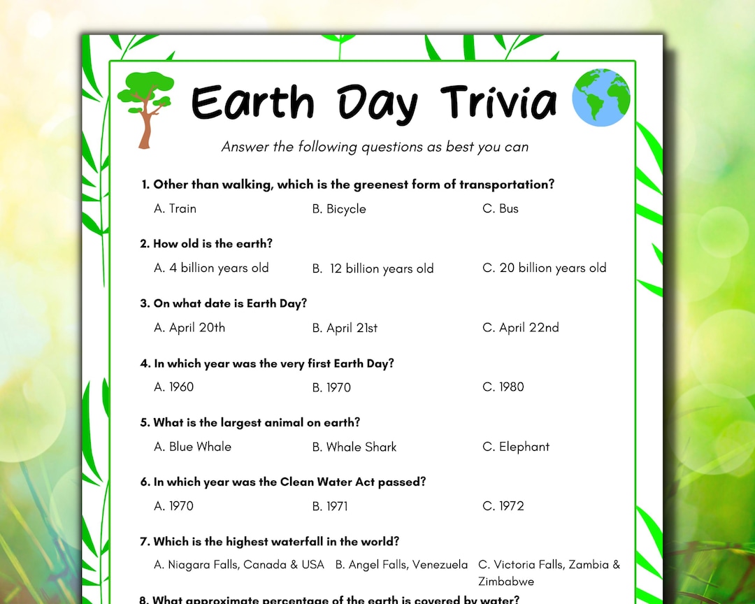 Earth Day Trivia Printable, Happy Earth Day Quiz Activity ...