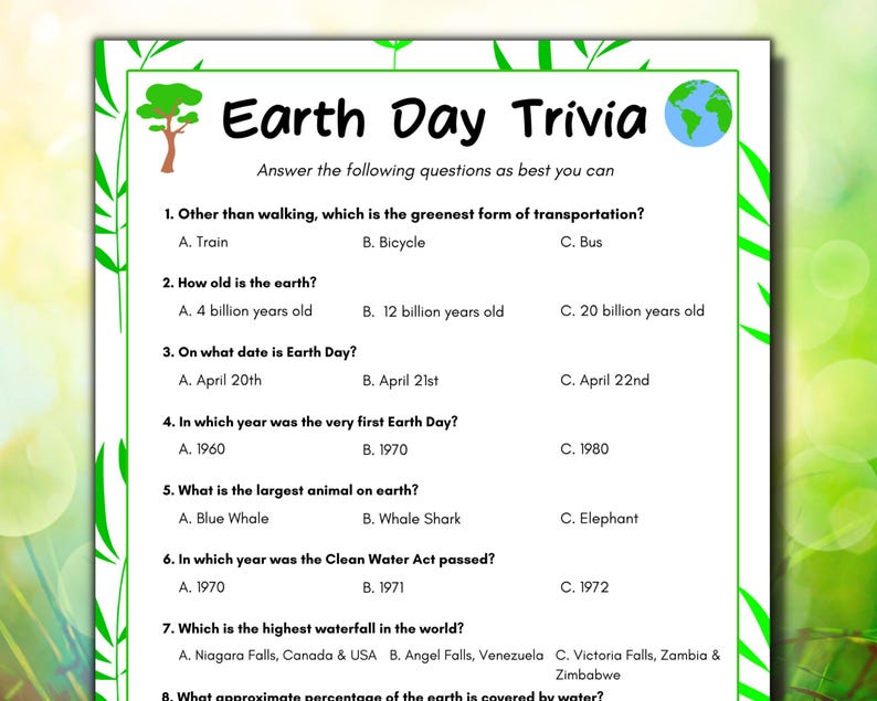 Earth Day Trivia Printable, Happy Earth Day Quiz Activity ...
