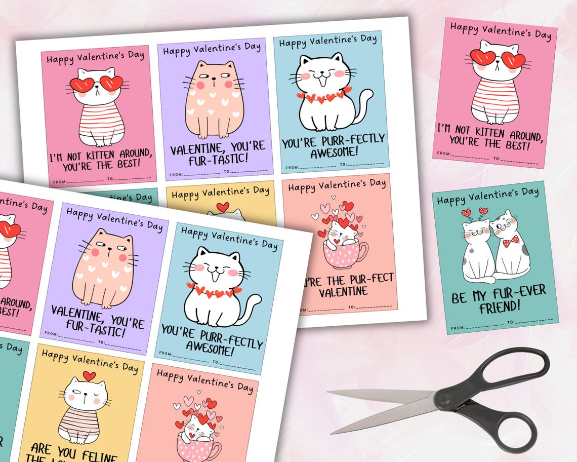 Cat Valentine Cards Printable for Kids, Classroom Valentine Exchange ...