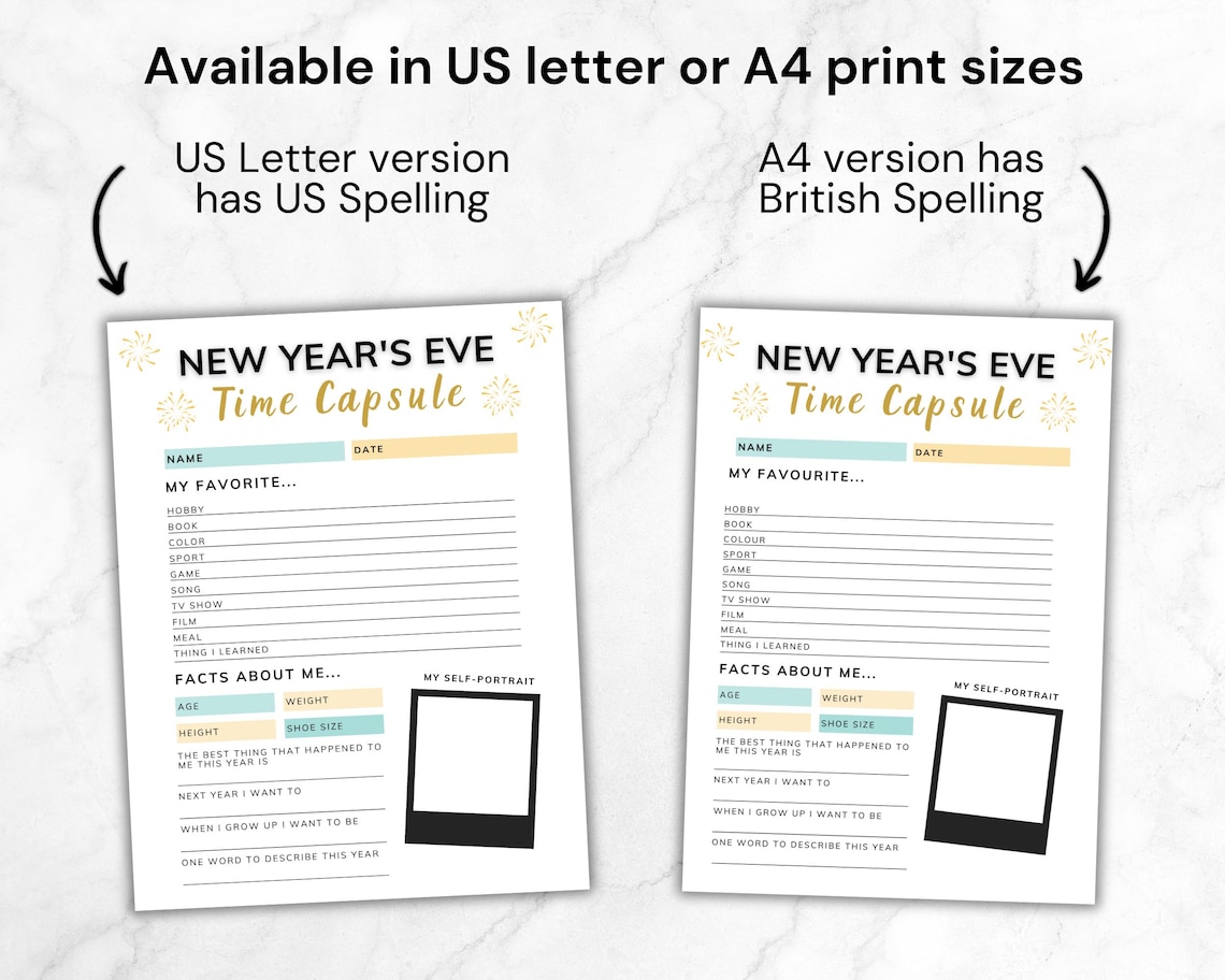 New Years Eve Time Capsule Questionnaire for Kids, NYE Kids Table ...