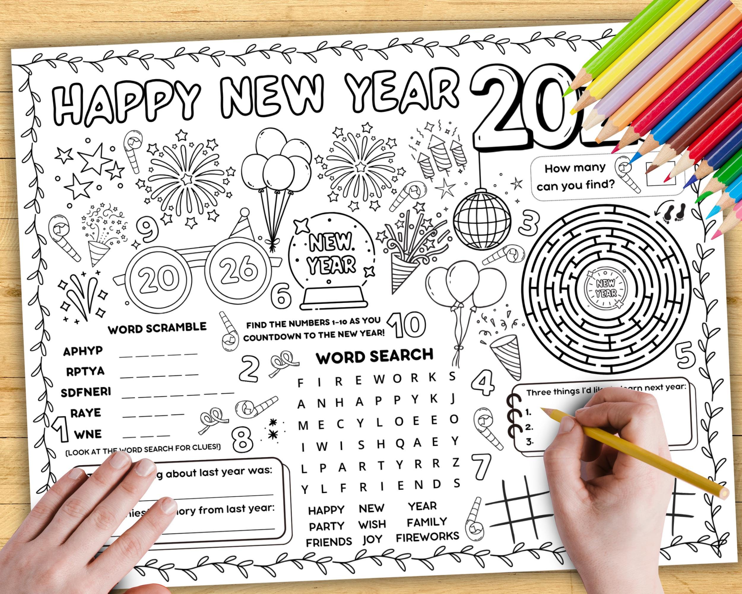 New Year 2026 Kids Activity Placemat, Happy New Year's Eve Coloring ...