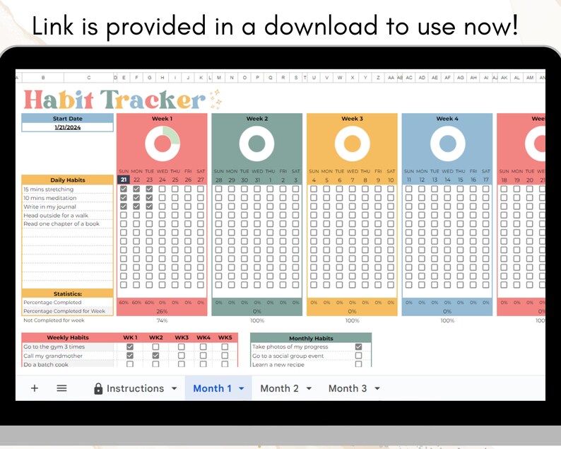 Habit Tracker Spreadsheet for Google Sheets, Daily Habit Goal Planner ...