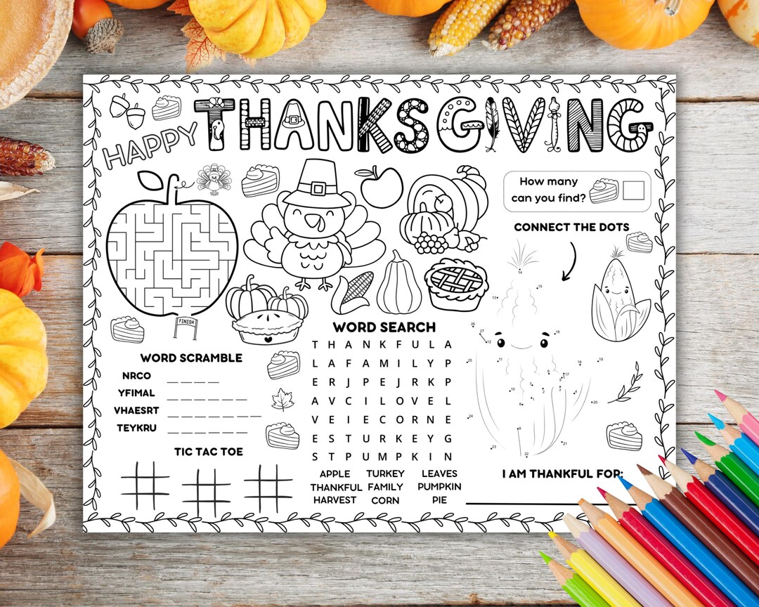 Thanksgiving Activity Placemat Printable, Fall Coloring Page, Kid's ...