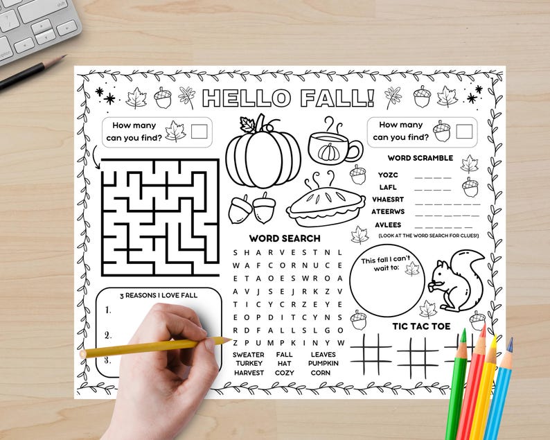 Fall Activity Placemat Printable, Fall Games for Kids, Fall Coloring ...