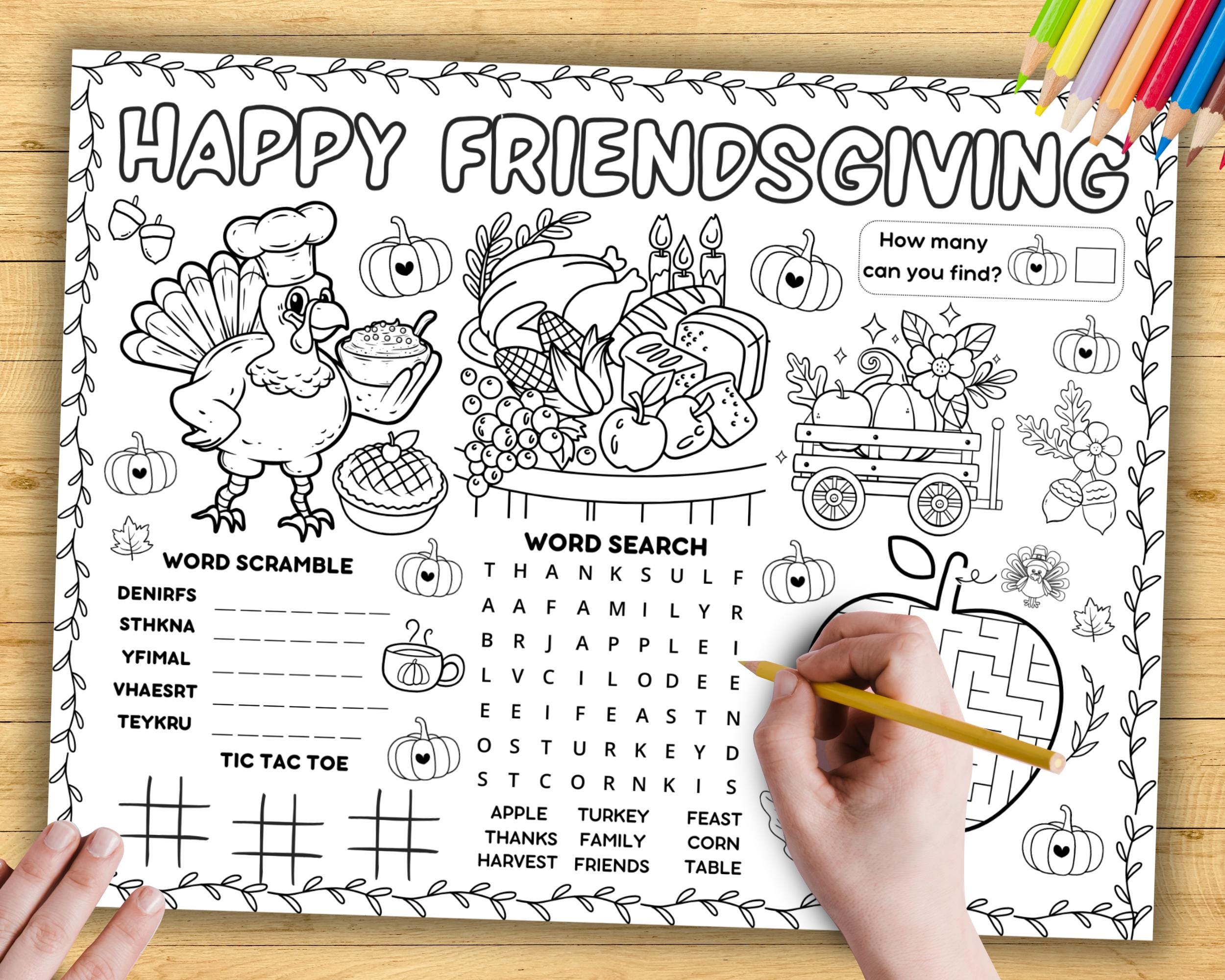 Friendsgiving Coloring Activity Placemat, Thanksgiving Kids Games, Fall ...
