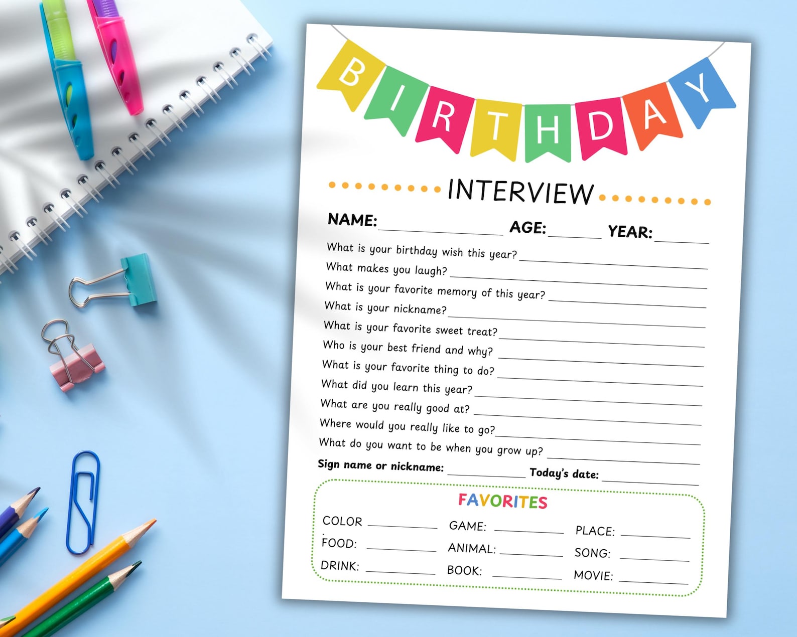 Kids Birthday Interview Printable, Birthday Questionnaire Keepsake for ...