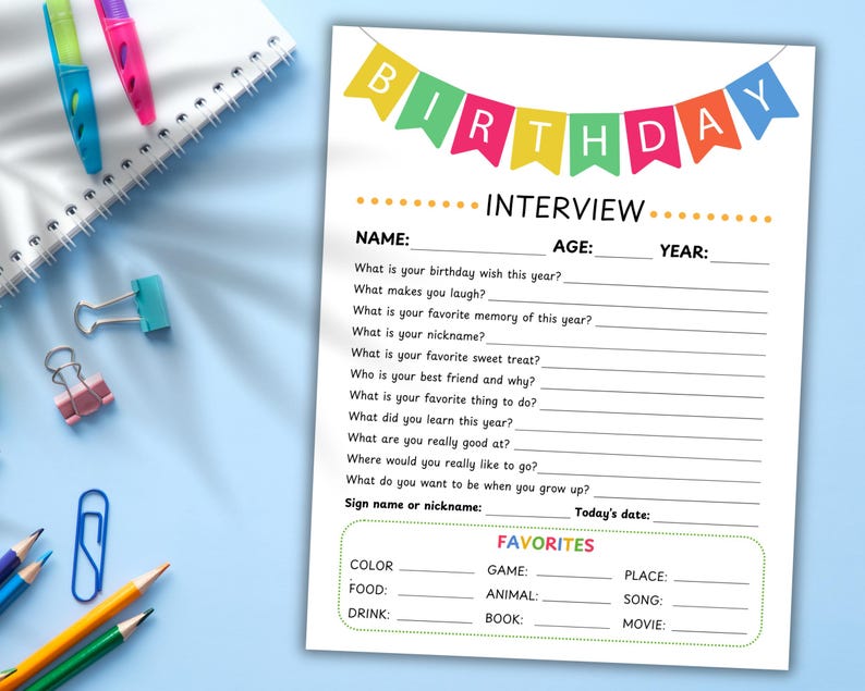 Kids Birthday Interview Printable, Birthday Questionnaire Keepsake for ...