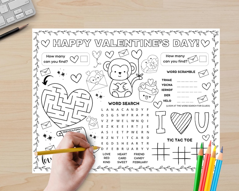 Valentines Day Activity Placemat, Happy Valentines Party Game Coloring ...