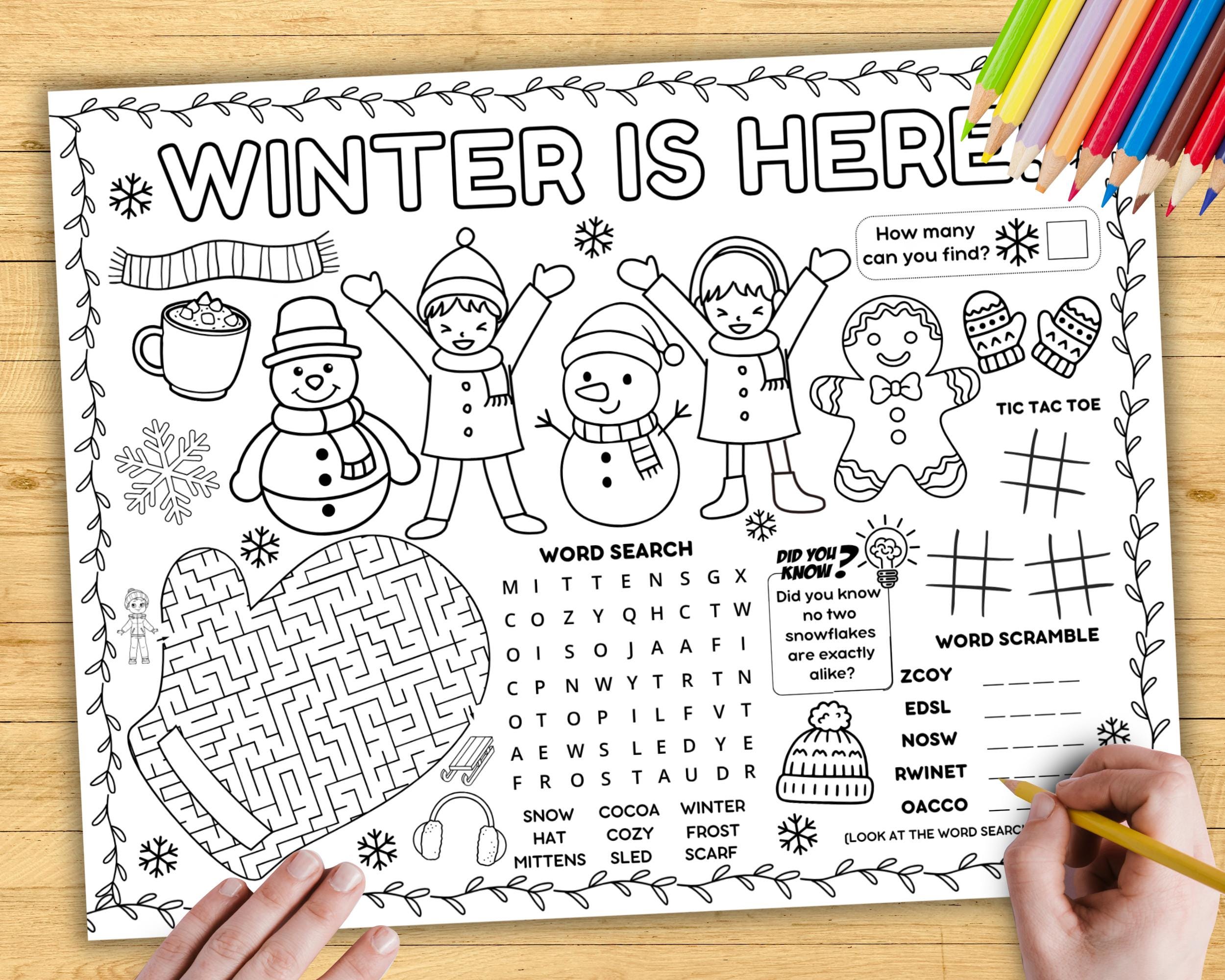 Winter Activity Placemat Printable, Kids Coloring Page, Classroom Games ...
