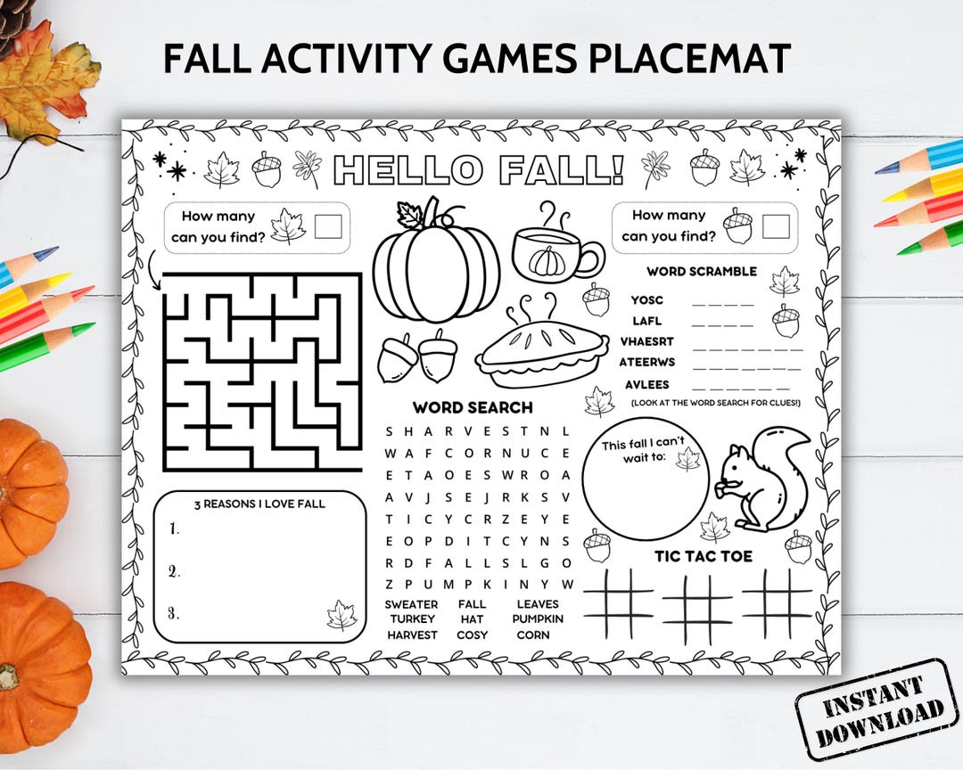 Fall Activity Placemat Printable, Fall Games for Kids, Fall Coloring ...