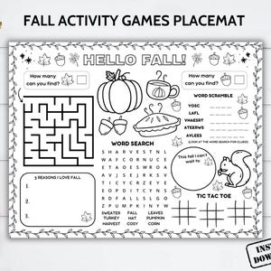Fall Activity Placemat Printable, Fall Games for Kids, Fall Coloring ...