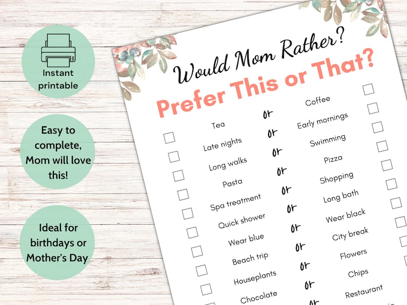 Who Knows Mom Best, Would Mom Rather, Mom Trivia Game, Would You Rather ...