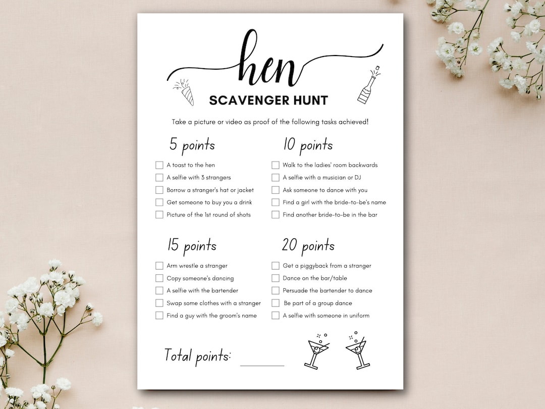 Hen Scavenger Hunt, Hen Party Games, Bachelorette Girls Night Out Bar ...