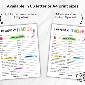 All About My Teacher Questionnaire, Teacher Favorite Things Form ...