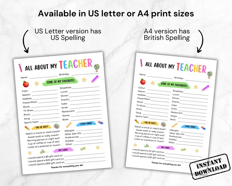 All About My Teacher, Teacher Favorite Things, First Day of School ...