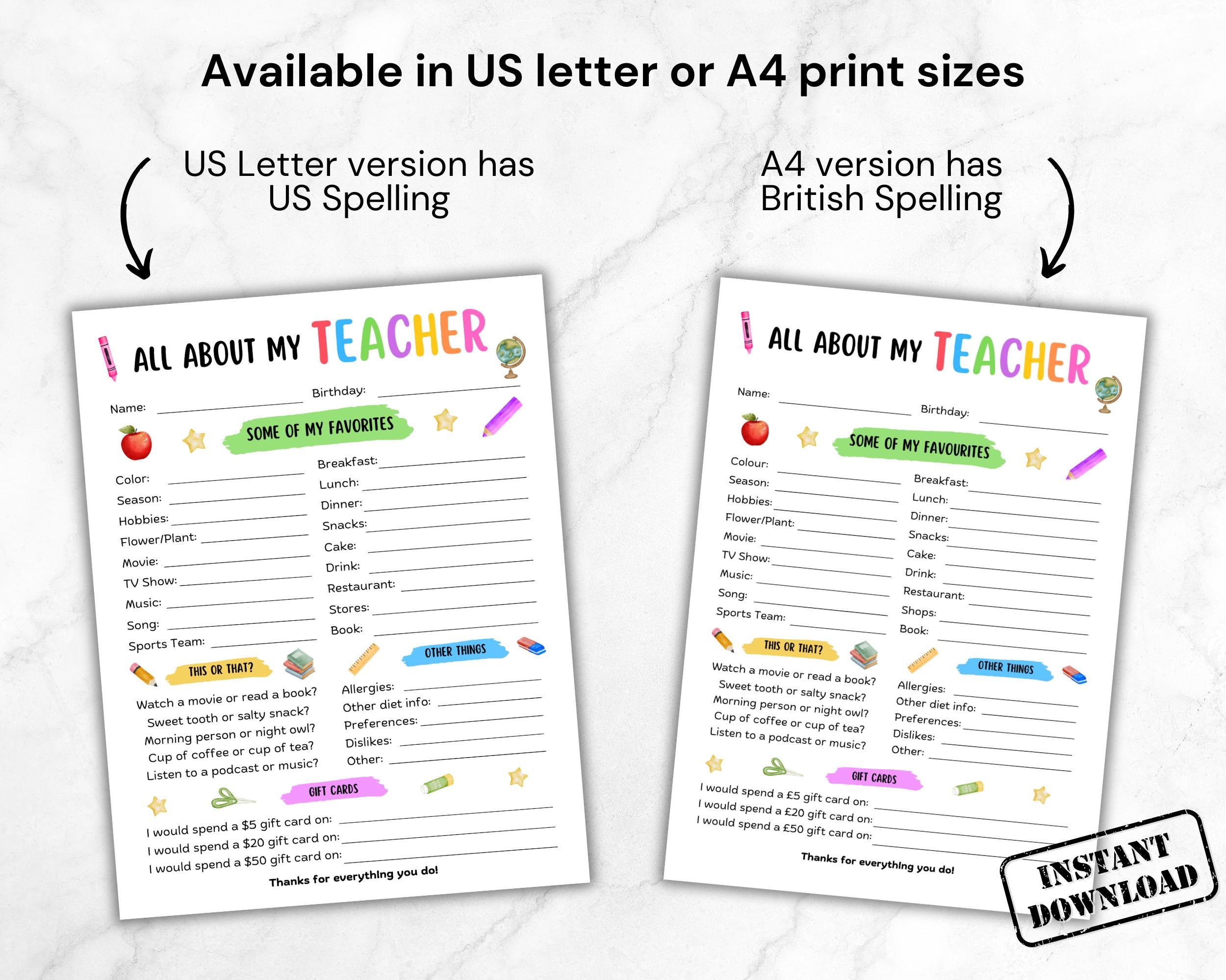 All About My Teacher Questionnaire, Teacher Favorite Things Form ...