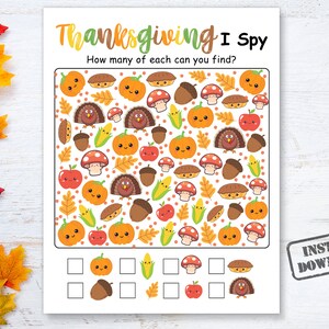 Thanksgiving I Spy Game, Thanksgiving Day Activity for Kids, Count and ...