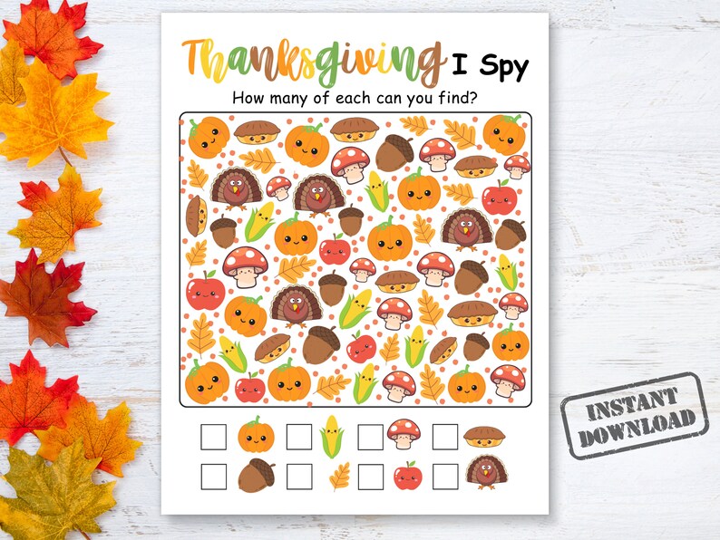 Thanksgiving I Spy Game, Thanksgiving Day Activity for Kids, Count and ...