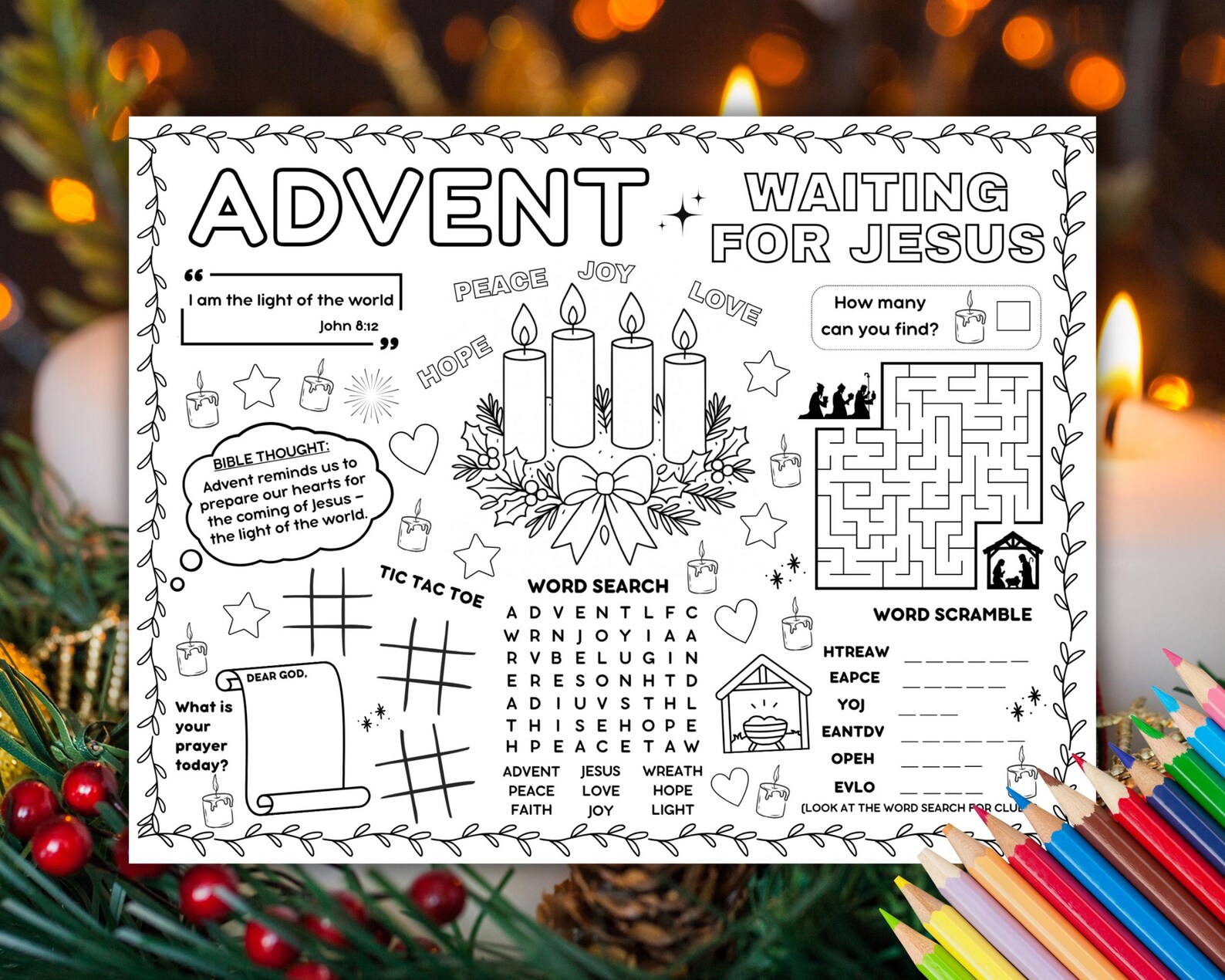 Advent Bible Activity Placemat Printable, Christian Christmas Coloring ...
