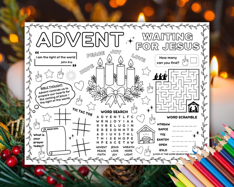 Advent Bible Activity Placemat Printable, Christian Christmas Coloring ...