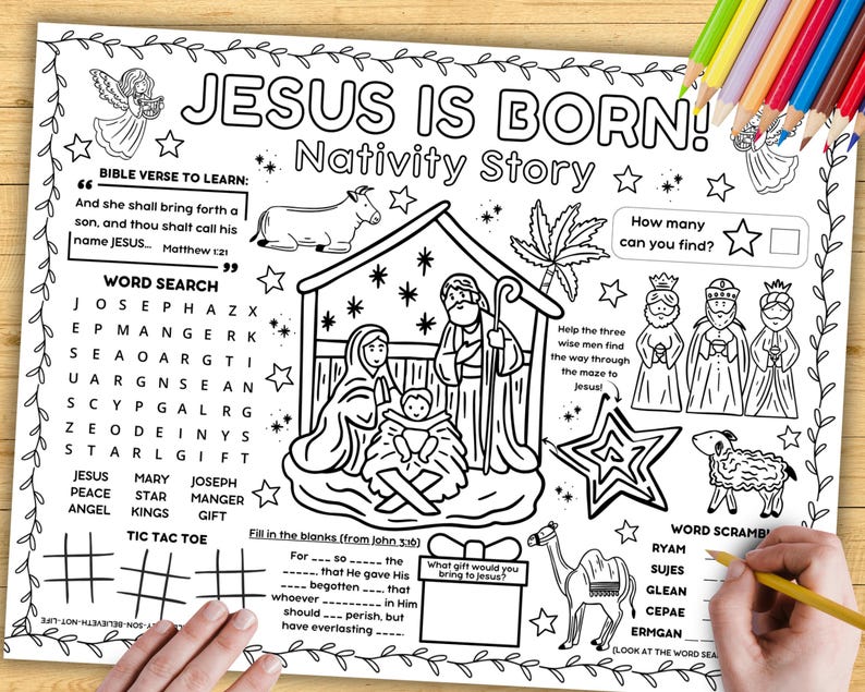 Nativity Bible Activity Placemat Printable, Christmas Coloring Page ...
