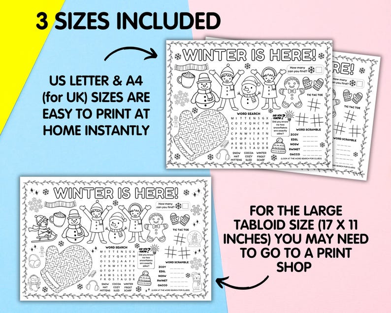 Winter Activity Placemat Printable, Kids Coloring Page, Classroom Games ...