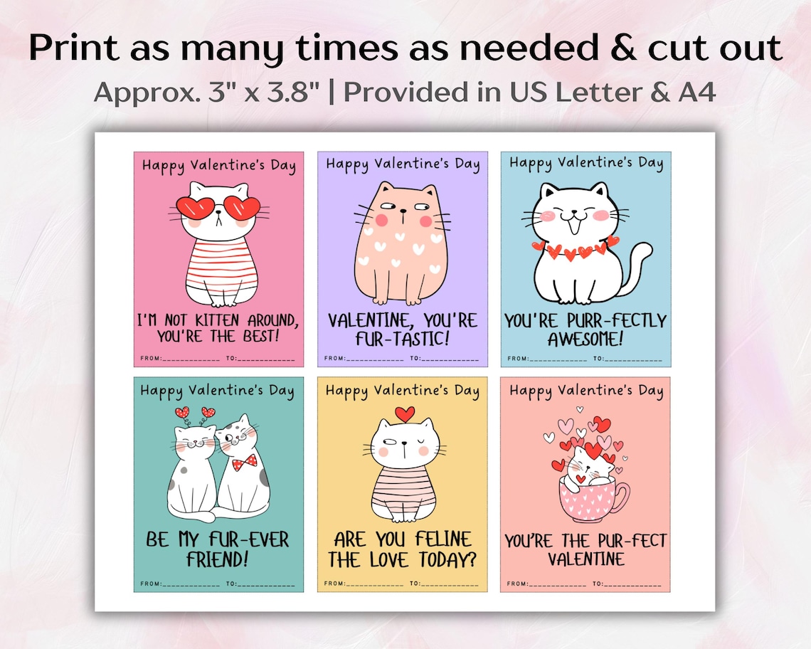 Cat Valentine Cards Printable for Kids, Classroom Valentine Exchange ...