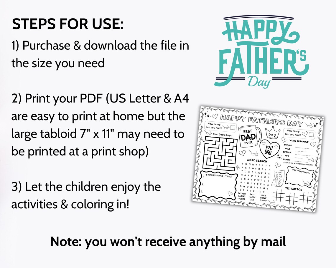 Happy Fathers Day Activity Placemat Printable, Fathers Day Craft ...