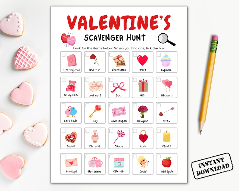 Valentine's Day Scavenger Hunt Printable, Happy Valentines Party Game ...