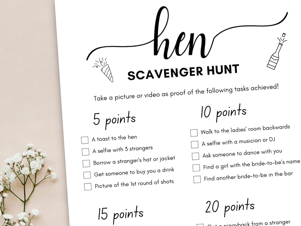 Hen Scavenger Hunt, Hen Party Games, Bachelorette Scavenger Hunt, Hen ...