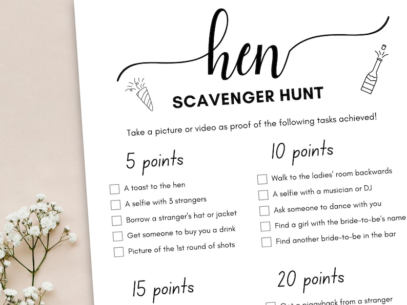 Hen Scavenger Hunt, Hen Party Games, Bachelorette Girls Night Out Bar ...