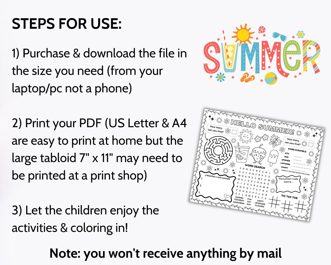 Summer Games Activity Placemat Printable, Summer Party Craft Coloring ...