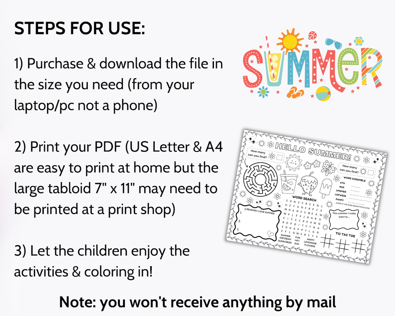 Summer Games Activity Placemat Printable, Summer Party Craft Coloring ...