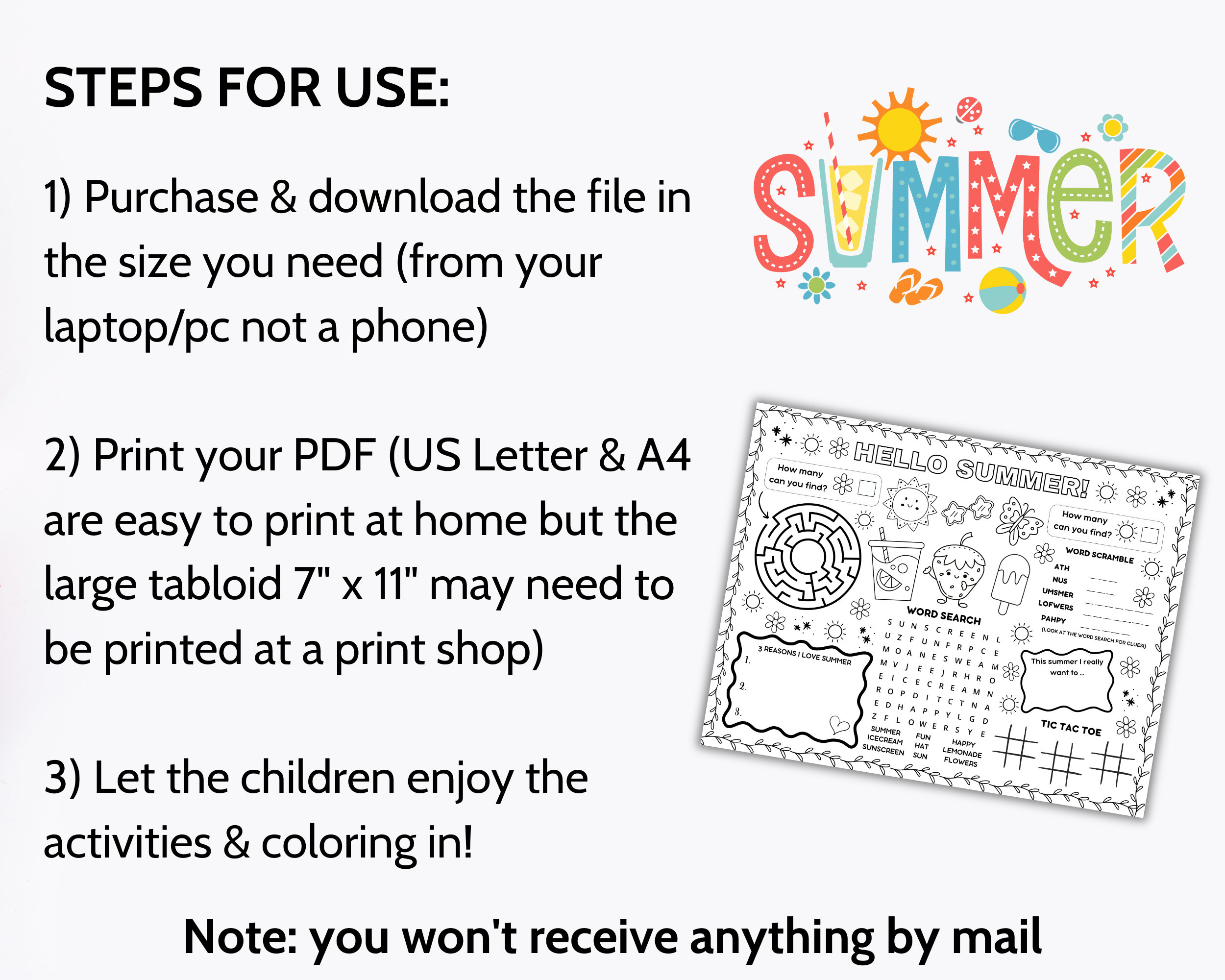 Summer Games Activity Placemat Printable, Summer Party Craft Coloring ...